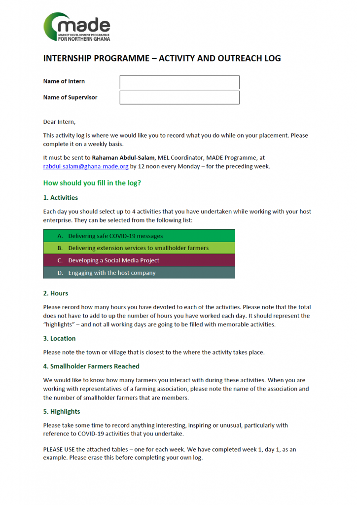 Internship programme – Activity and Outreach Log - RC